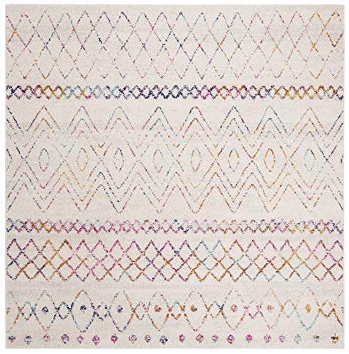 SAFAVIEH Madison Collection 6'7" Square Ivory / Fuchsia MAD798A Moroccan Boho Distressed Non-Shedding Living Room Bedroom Dining Home Office Area Rug