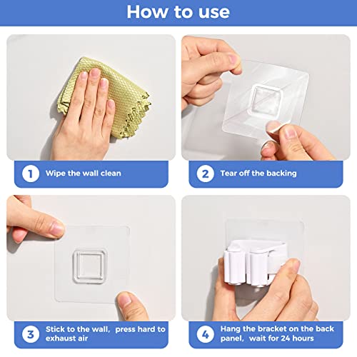 PTYWRTUS Broom Holder, Non Drilling Hole Self-Adhesive Storage Rack Hanger, Anti-Slip Utility Hooks,Mop Holder Wall Mount for Home, Bathroom, Garden, Kitchen, Garage(6Pack) (Transparent+White)