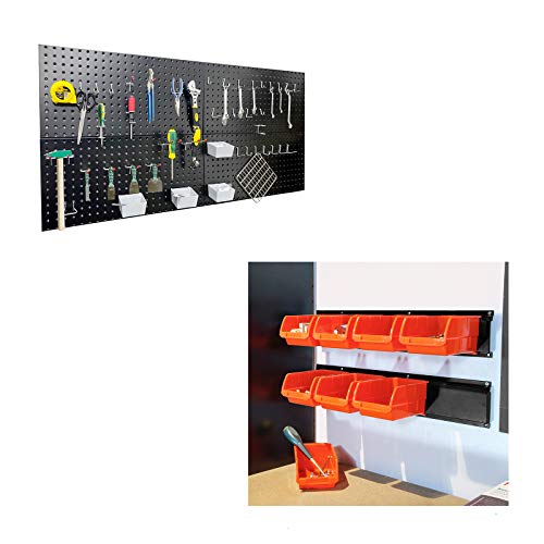 Wallmaster 8-Bin Storage Bins Garage Rack System & 48pcs Pegboard Hooks Set Pegboard Tool Organizer