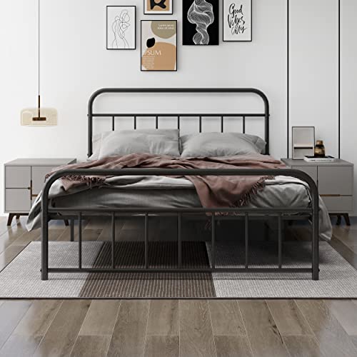 WJORATA Metal Platform Queen Size Bed Frame with Vintage Headboard and Footboard Steel Slat Support No Box Spring Needed Easy Assembly, Black