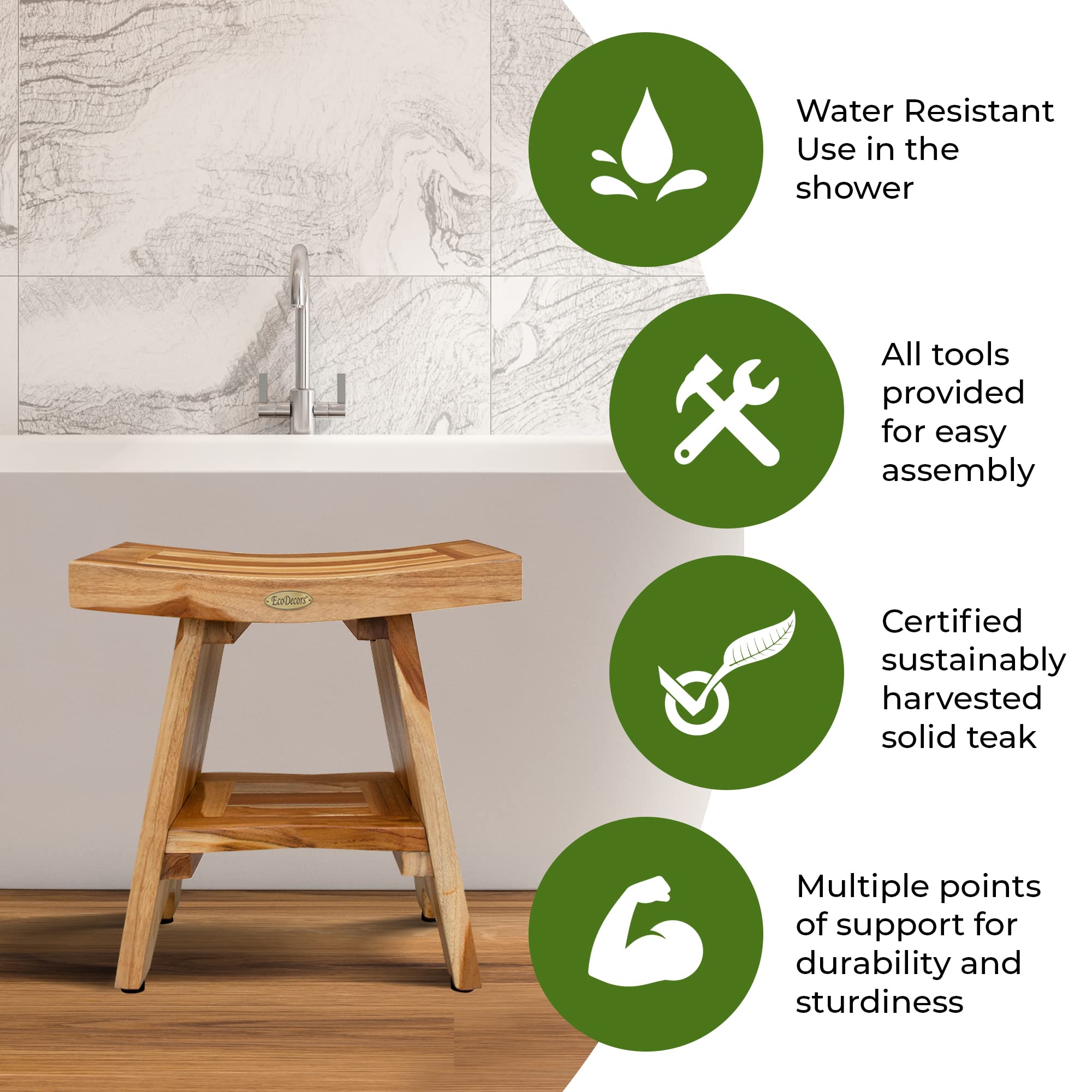 EcoDecors, 18 inch, Natural, Teak Shower Bench, Teak Shower Stool, Teak Bench Shower, Teak Shower Seat, Teak Shower Chair, Teak Stool, Shower Benches Teak