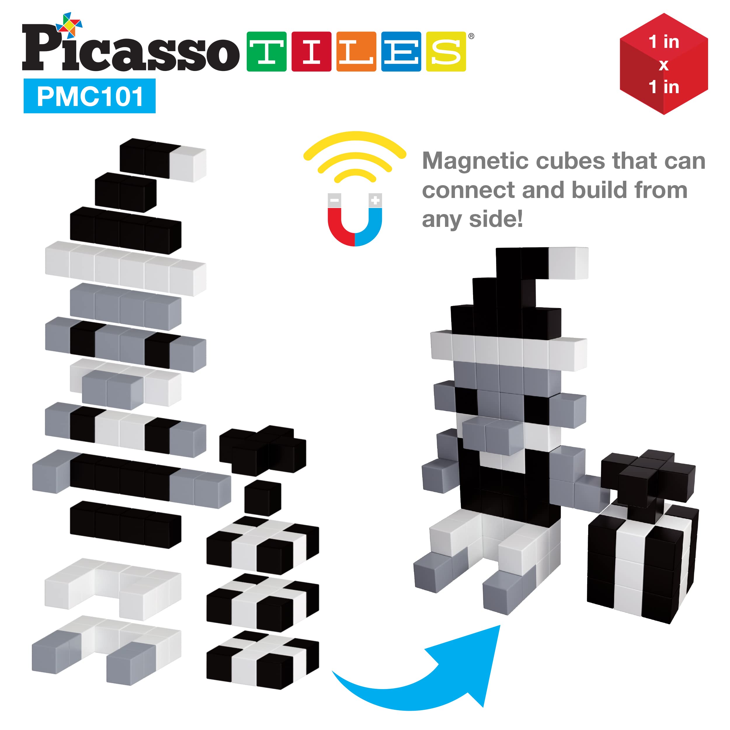 PicassoTiles Magnetic Puzzle Cube Characters + Mini + Black and White, 9pc with 18 Unique Characters Mix & Match Cubes Sensory Toys, 0.5” Pixel 100pcs, 1” 101pcs, Free Ideabook with 53 Ideas Age 3+