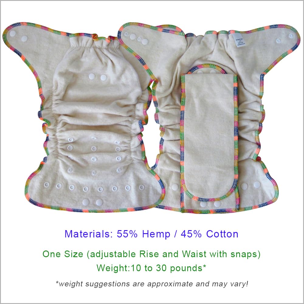 Overnight Hemp Fitted Cloth Diaper: Adjustable One-Size with Snap Buttons and 2 Cotton Hemp Inserts, Unisex Baby (2-Pack)