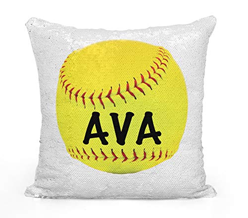 Violet Victoria & Fan Star Personalized Softball Sequin Mermaid Flip Pillow (Silver Sequins - Pillowcase Only)
