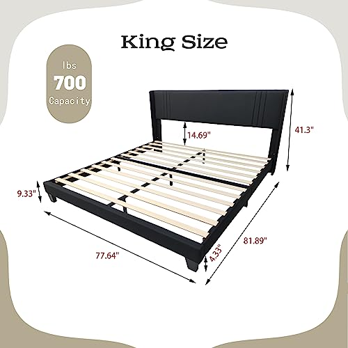 Tuconia Upholstered Platform King Size Bed Frame with Headboard Wooden Slats Support Easy Assembly No Box Spring Needed Black Linen