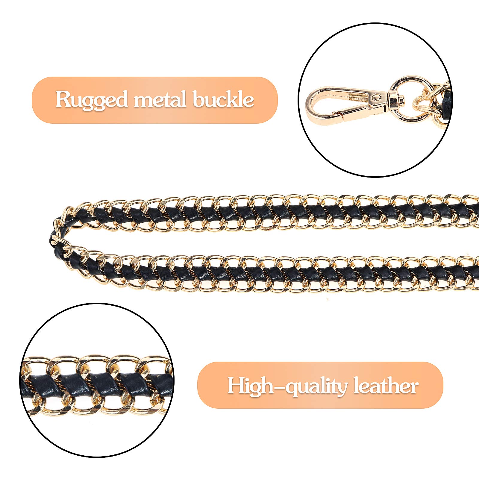 Glamorstar Gold Purse Chain Strap Vintage Woven Leather Replacement Chain Straps for Crossbody Bags Shoulder Handbag Satchels Wallets Black 120cm/47in
