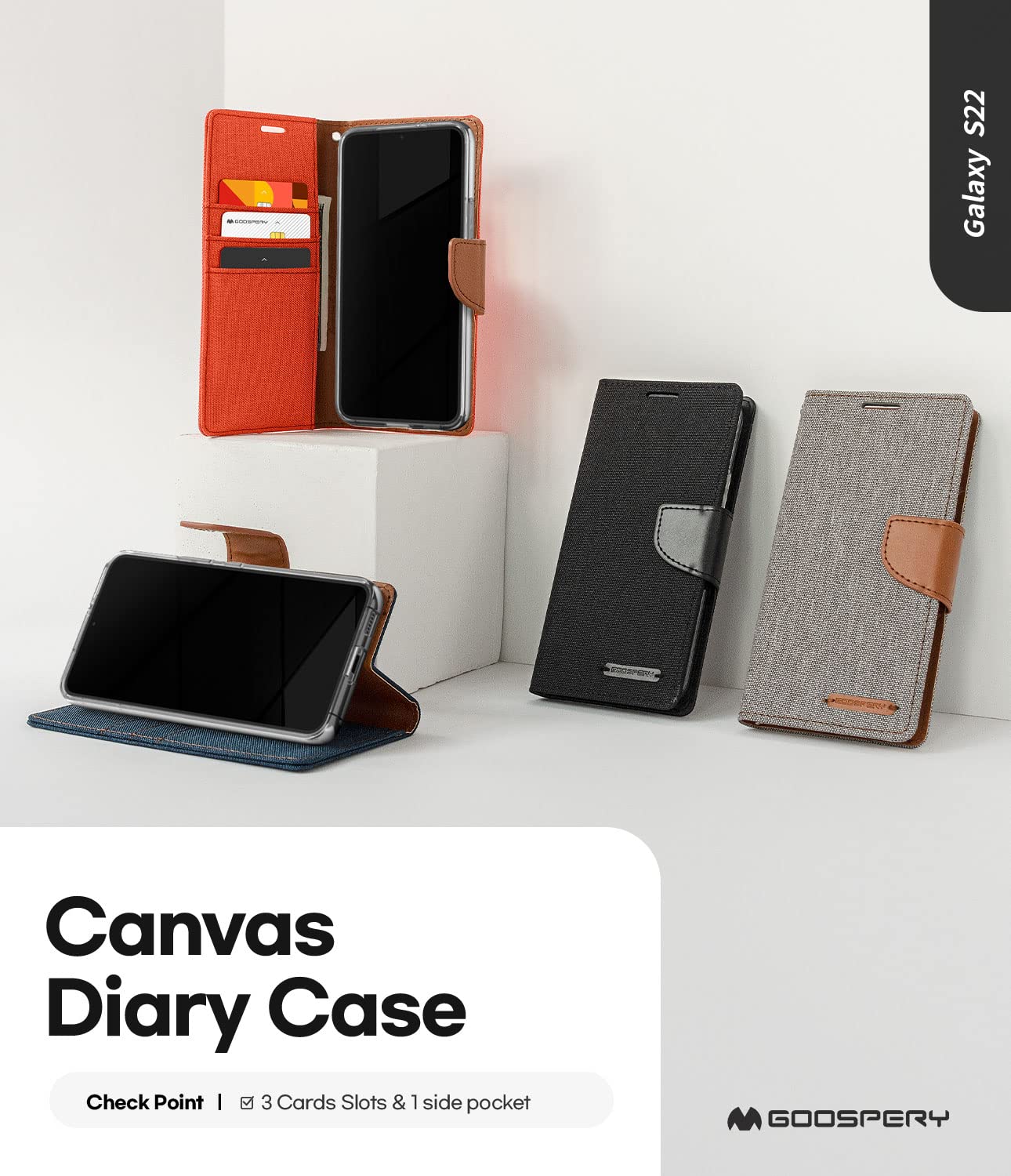 GOOSPERY Canvas Wallet Designed for Samsung Galaxy S22 Wallet Case, Stylish Denim Fabric Design [3 Card Slots & 1 Side Pocket] [Standing Feature] Card Holder Flip Phone Cover - Navy Blue