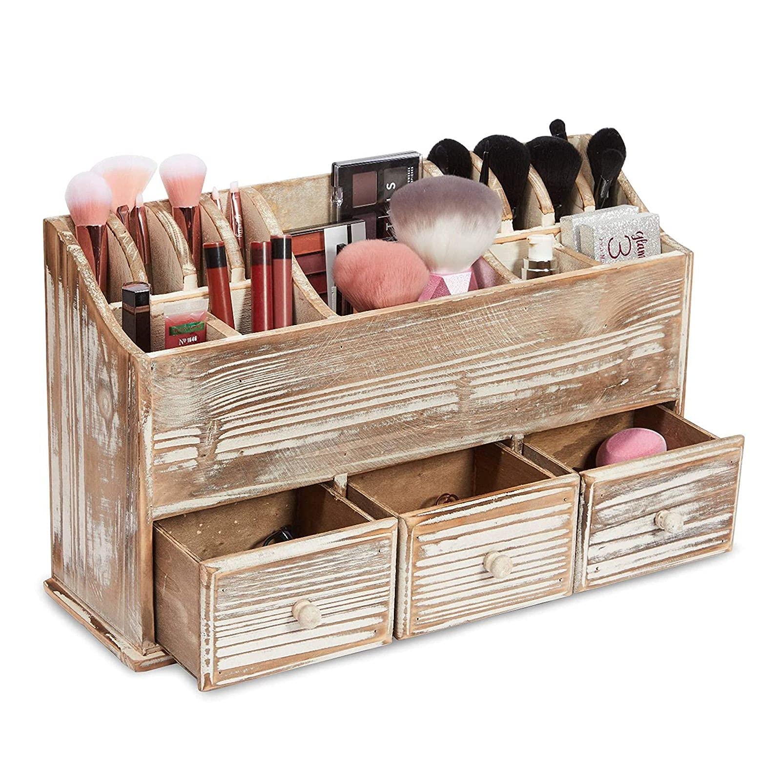 Wooden Makeup Organizer with 3 Drawers for Vanity, Cosmetic Storage for Brushes (15.5 x 9.5 in)