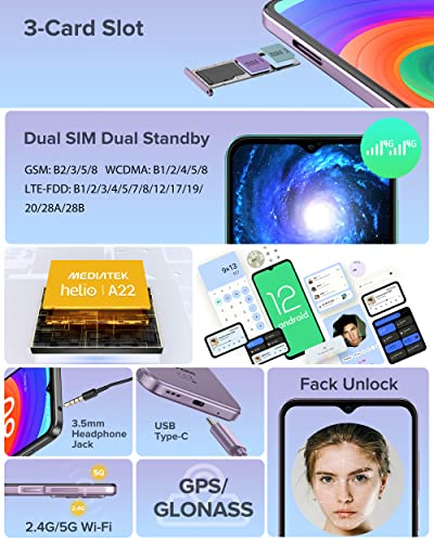 Ulefone Note 14 (2022) 4G Unlocked Smartphone, 6.52" Waterdrop Incell Full- Screen, Android 12, 4500mAh Battery, 7GB RAM Helio A22, 8MP Dual Camera, Type-C, Slim Design, Unlocked Cell Phones - Purple