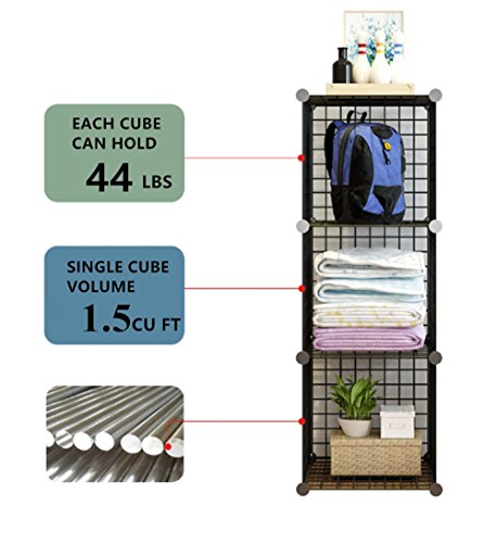 UNICOO - 14 * 14 Inch Big Cube Multi Use DIY 12 Cube Wire Grid Organizer, Bookcase, Bookshelf, Storage Cabinet, Wardrobe Closet,Toy Organizer, Wire Cube Storage- (Black Wire)