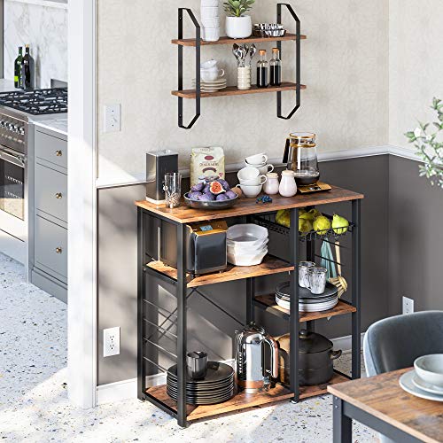 VASAGLE ALINRU Kitchen Baker’s Rack, Coffee Bar, Microwave Oven Stand, with Steel Frame, Wire Basket, 6 Hooks, 35.4", Rustic Brown