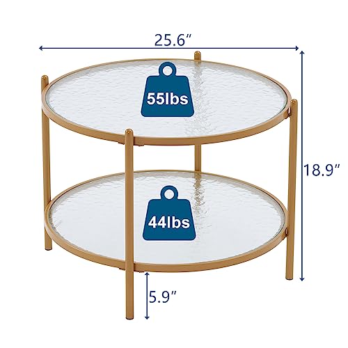 VINGLI 25.6" Small Matte Gold Round Coffee Table Water-Wave Glass Circle Clear Coffee Table, Center Table with 2-Tier Modern Storage Design for Living Room, Bedroom, Meeting Room, Balcony, Patio