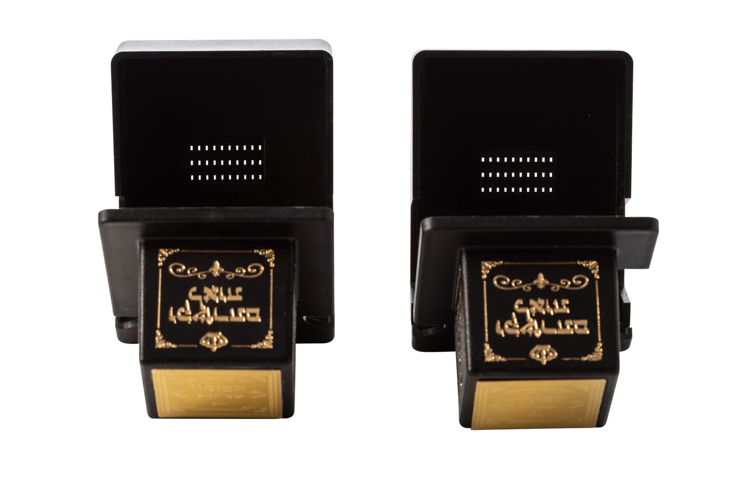 Plastic Tefillin Boxes Case Cover with metal plate on top set of 2 Shel Rosh And Shel Yad For Righty (Black And Gold Rabbeinu Tam, 35)