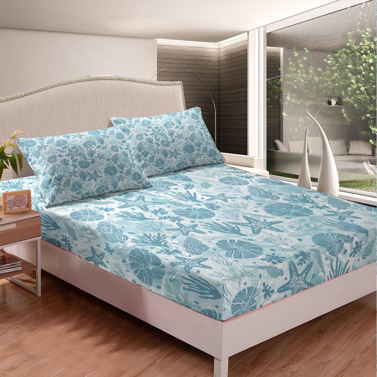 Seashell Conch Starfish Coral Fitted Sheet Queen Size,Coastal Ocean Beach Bedding Set 3Pcs,Underwater Life Print Bed Sheet Navy Blue Tie Dye Deep Pocket Sheet for Kids Teens Adult Bedroom Decor