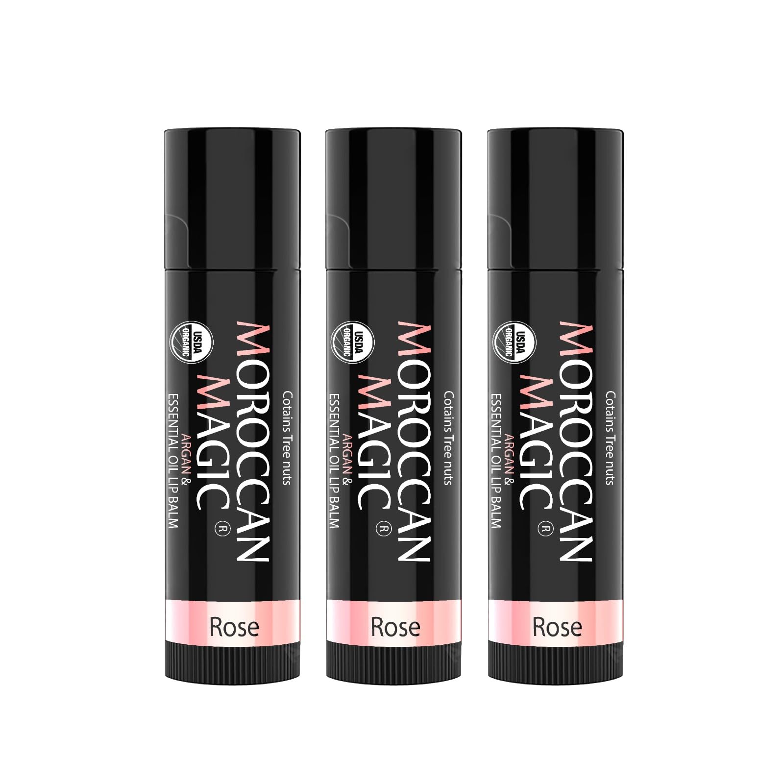 Organic Moroccan Magic Lip Balm 3 Pack | Rose Lip Balm Set | Chapsticks for Dry Lips | Made with Natural Argan, Essential Oils Lip Moisturizer and Vitamin E | Smooth Application, Non-Toxic