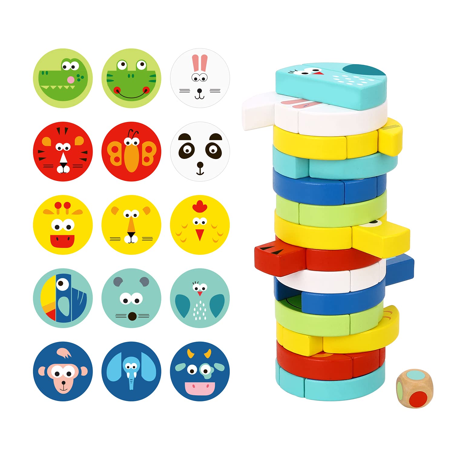 TOOKYLAND Wooden Tumble Tower Game - 61pcs - Stacking Blocks, Animal Cards and Die. Ages 3+