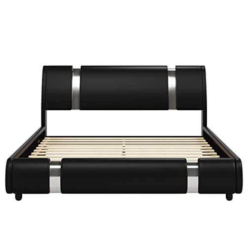 TTVIEW Modern Faux Leather Upholstered Platform Bed Frame with Iron Metal Decor, Adjustable Curved Headboard, Wooden Slats Support, No Box Spring Needed, Queen Size, Black