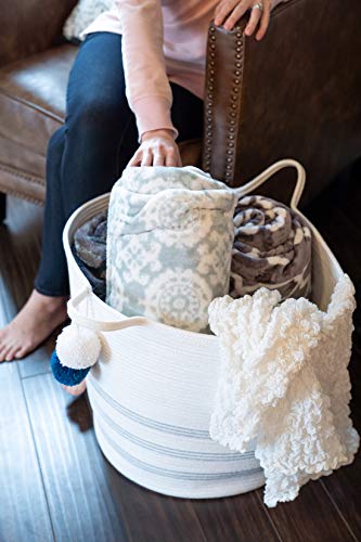 Sweetzer & Orange Extra Large Woven Cotton Rope Storage Basket with Pom-Poms β 16.5βx20.5β - Blanket Storage Baskets, Laundry and Toy Storage, Nursery Hamper - Off White/Navy XXL for Living Room