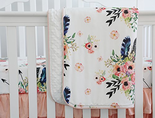 Sahaler Baby Crib Bedding Set for Boy Girls, Nursery Fitted Sheets Baby Minky Blanket Crib Kids Protective Pad Sets(Feather Floral 3pc Set)