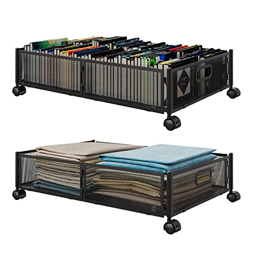 Under Bed Storage With Wheels Under bed Storage Containers Removable Large Wrought Metal Foldable Space-saving Under Bed Shoe Storage Organizer Drawer on Wheels for Clothes Movable(2 pieces, Black)
