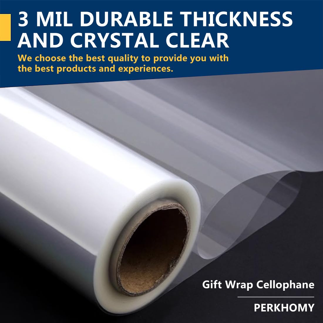PerkHomy Clear Cellophane Wrap Roll 17.5" x 125' 3Mil Thick Cellophane For Gift Basket Treats Goodie Wrapping Craft Flower Bouquet Plastic (Clear, 17.5"W × 125'L)