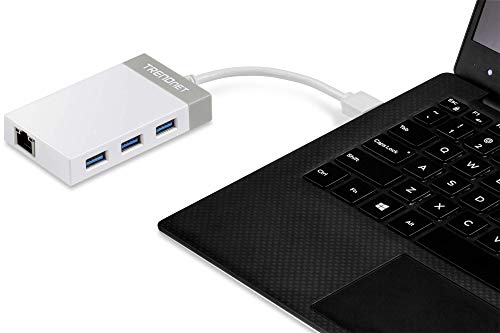 TRENDnet 3-Port USB 3.0 Hub, TU3-ETGH3, Compact USB to Ethernet Adapter, 3 x USB 3.0 Ports, 1 x RJ-45 Gigabit Ethernet Port, Supports XP, Vista, Windows, Mac OS 10.6-10.9, Nintendo Switch, White