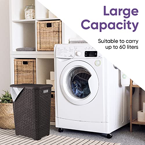 Superio Laundry Hamper Basket With Easy Open Lid 60 Liter Brown, Large Wicker Hamper, Dirty Cloths Storage With Two Cutout Handles, Laundry Room Bin 1.70 Bushel