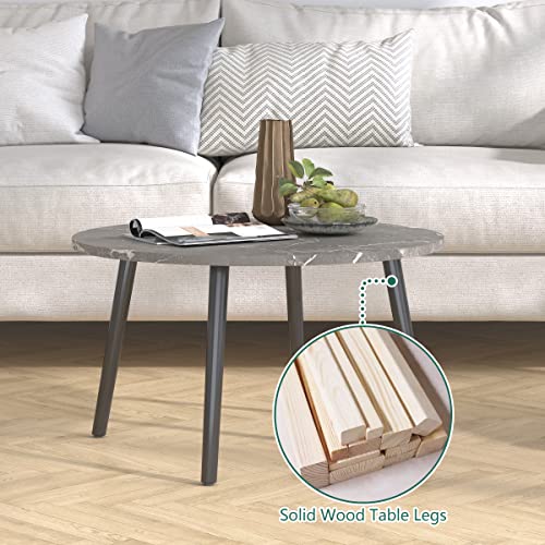 WiberWi Round Coffee Table 23.6β Small Coffee Tables for Living Room Faux Grey Marble Top Modern Circle Table Sturdy Black Solid Wood Legs Cocktail Table End Table