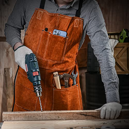 Leather Welding Work Apron,Woodworking Shop Apron,Heat Resistant & Flame Resistant Bib Apron, Flame Retardant Heavy Duty BBQ Apron, Adjustable Fit M-XXXL Men & Women