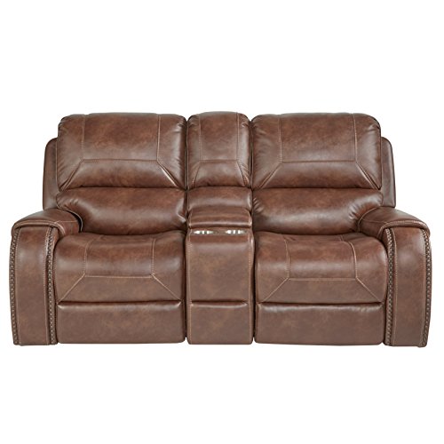 Roundhill Furniture Achern Brown Leather-Air Nailhead Manual Reclining Sofa and Loveseat with Storage Console and USB Port