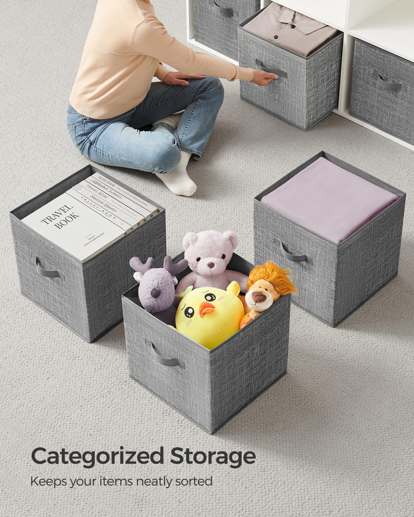 SONGMICS Storage Cubes, 13-Inch Non-Woven Fabric Bins with Double Handles, Set of 8, Closet Organizers for Shelves, Foldable, for Clothes, Cattail Gray UROB833G01