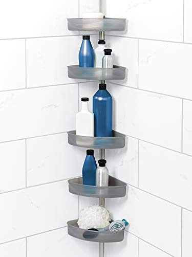 Zenna Home NeverRust Aluminum Tension Pole Shower Caddy, 5 Basket Shelves, Adjustable, 60 - 108 Inch, Satin Chrome & Gray