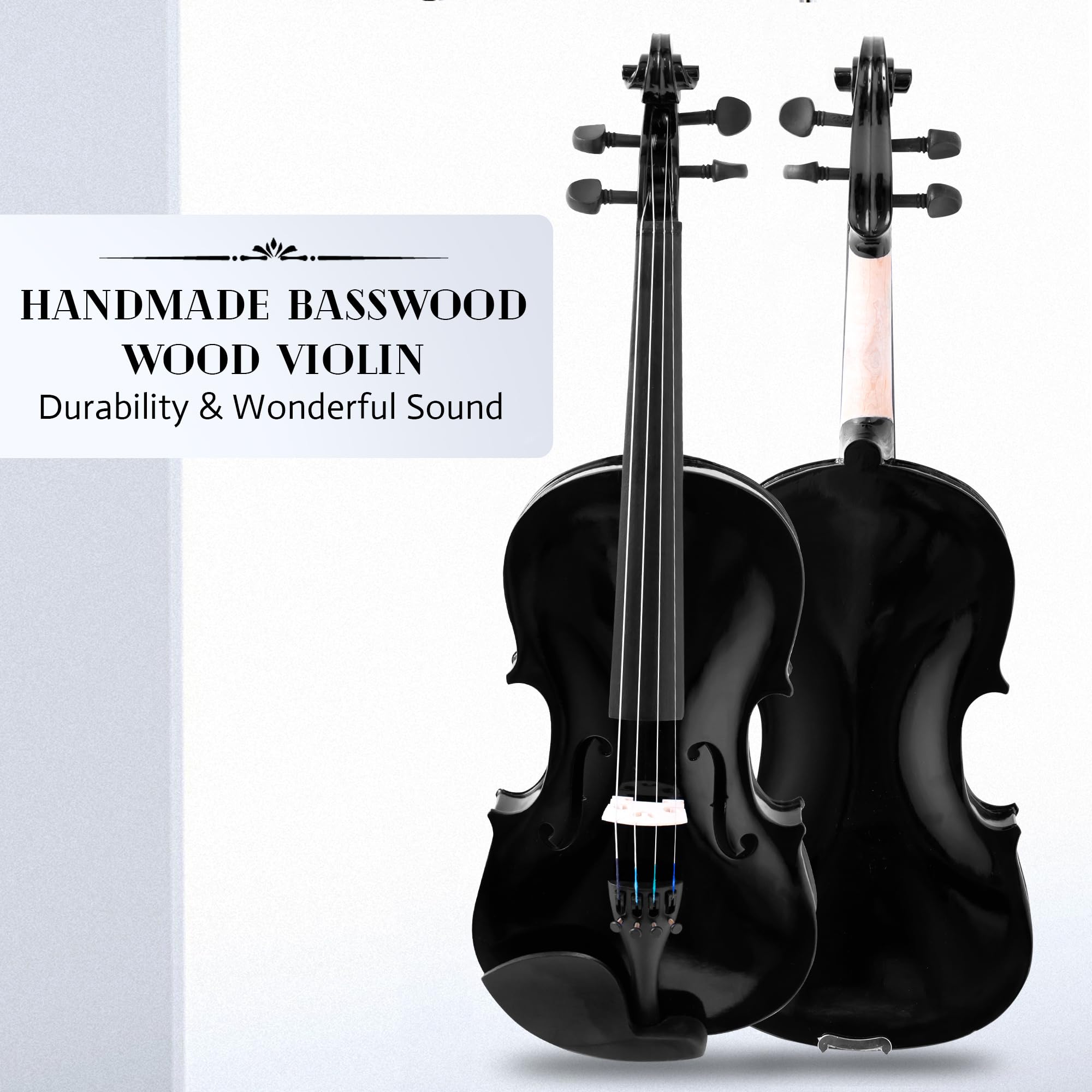 MOSAYA Violin 4/4 Full Size for Beginner Kids with Violin Strings Violin Bow Violin Rosin Shoulder Rest Violin Tuner Finger Guide for Violins and Violin Case, Black Glossy
