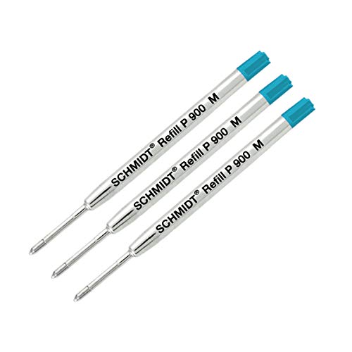 Schmidt P900 Parker Style Ballpoint Pen Refill, Medium Point, Pack of 3, Bulk Packed (Turquoise)