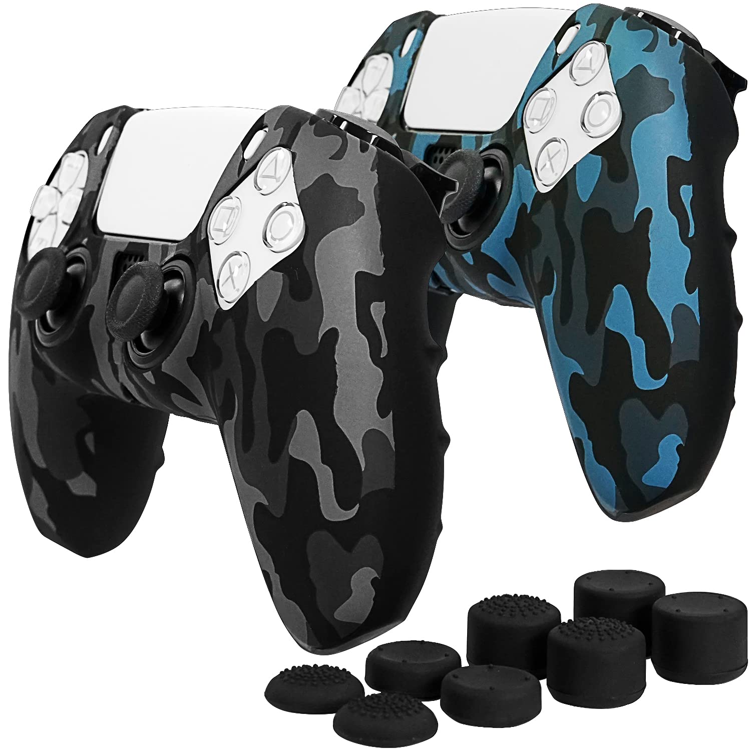 Fosmon Non-Slip Skin Protective Case Cover Compatible with Playstation PS5 DualSense Controller (2 Pack - Black), Sweat Proof Silicone Rubber Gel Skin with 8 Thumb Grips Analog Cap