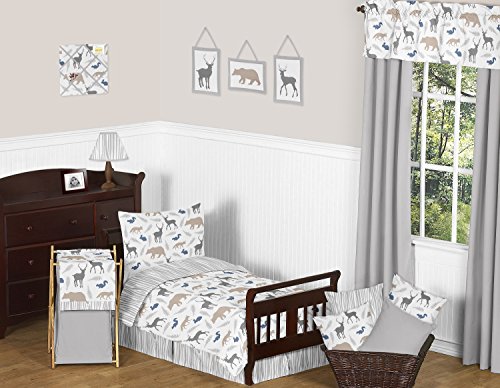 Sweet Jojo Designs Blue and Grey Bear Deer Fox Boy Baby Nursery or Kids Room Small Fabric Toy Bin Storage Box Chest for Woodland Animals Collection