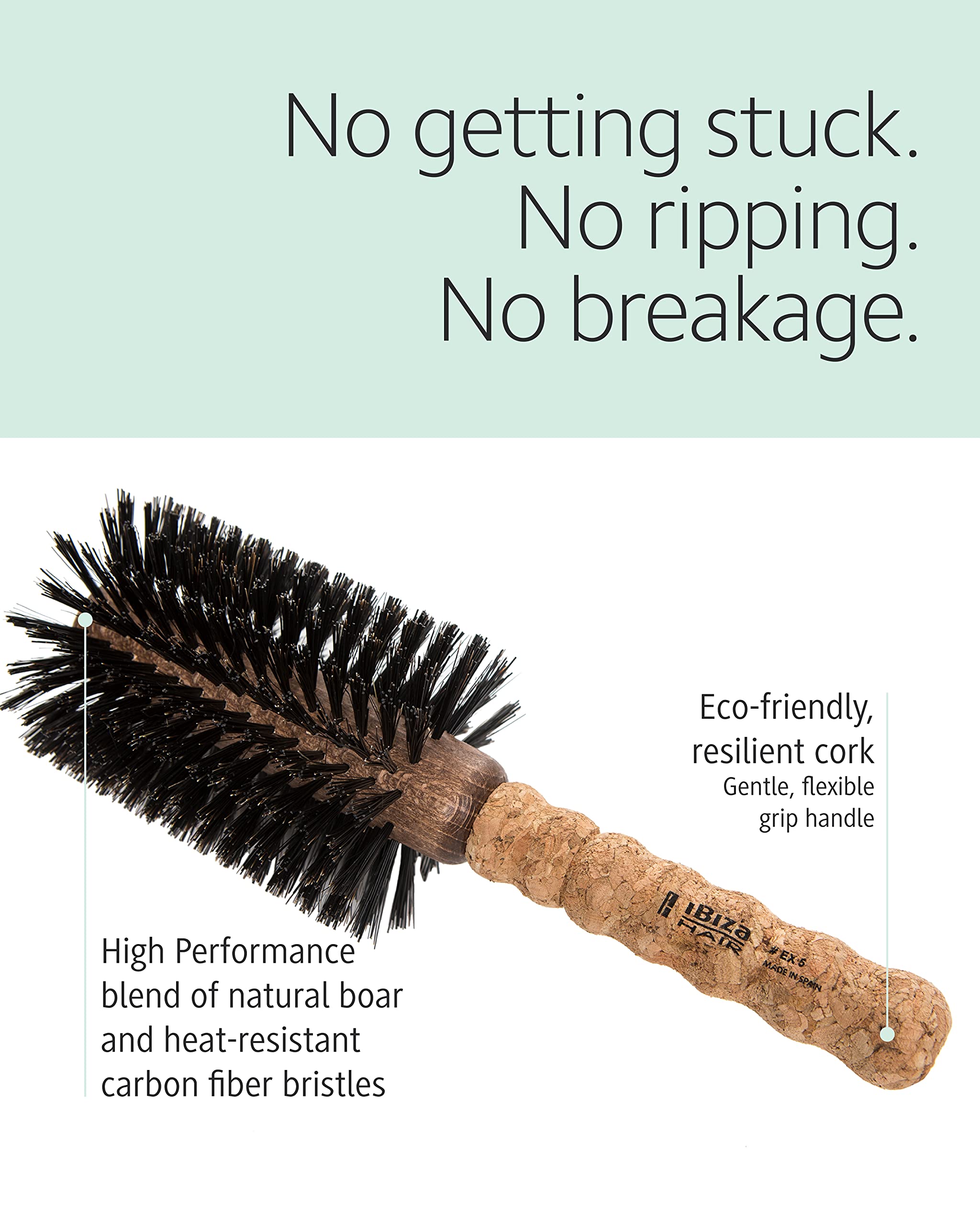 Ibiza Hair Round Boar Bristle Brush (EX5-80mm) | Lightweight with Reinforced Bristles & Cork Handle | Ideal for Loose Curls & Big Volume | Adds Texture & Shine for Medium to Long Styles