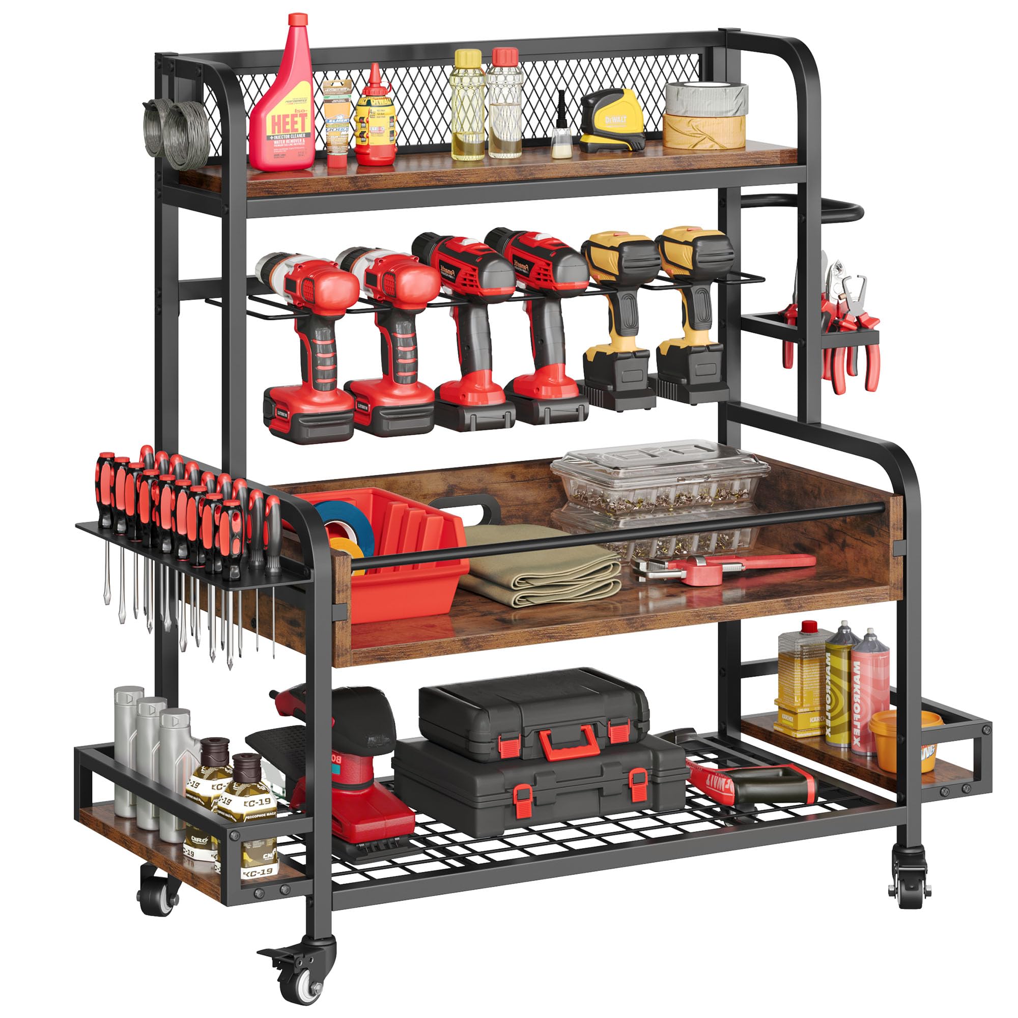 DWVO Large Power Tool Organizer Cart with Wheels, Rolling Garage Tool Organizer Cart with Movable Shelves, Power Tool Storage Cart for Mechanic Workshop Garage Gift for Men