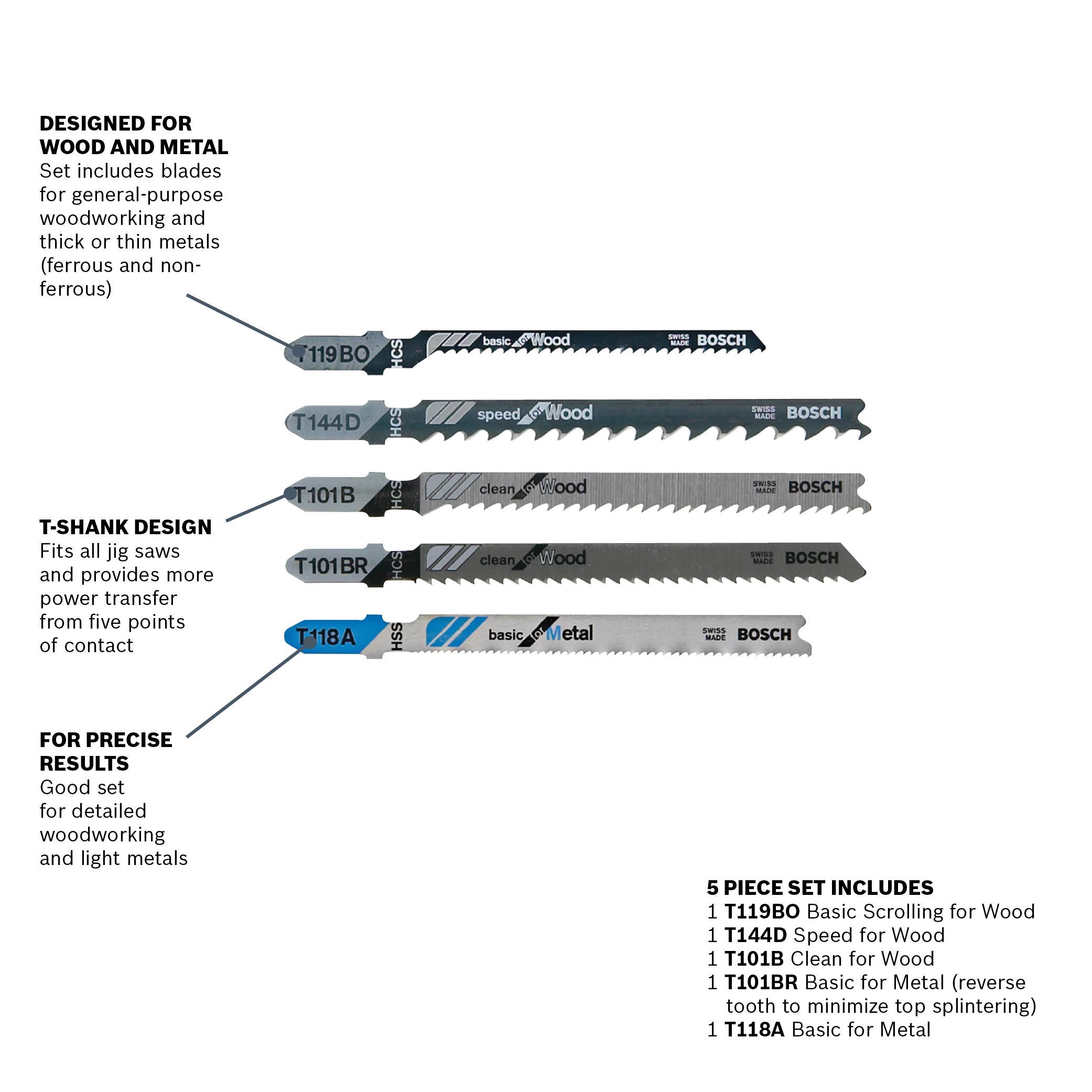BOSCH T501 5-Piece T-Shank Wood and Metal Cutting Jig Saw Blade Set