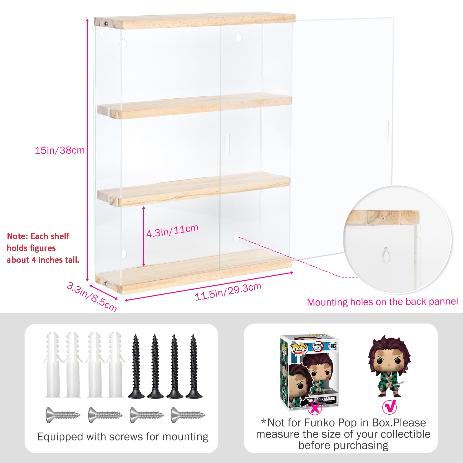 Nynelly 3-Layer Acrylic Display Case, Wall Mounted Display Box Countertop Cabinet for Collectible, Clear Display Case with Door for Mini Funko Pop, Action Figure, 11.5" L x 3.3" W x 15" H,Walnut