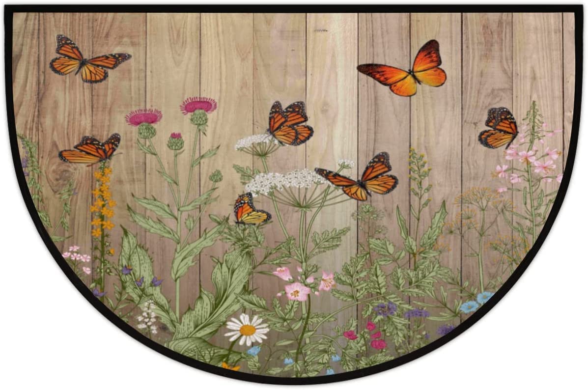 Nichpedr Welcome Half Round Door Mat Flower Daisy Floral Butterfly Entrance Way Rugs Doormats Soft Non-Slip Washable Bath Rugs Floor Mats for Home Bathroom Indoor Outdoor 18x30 Inch