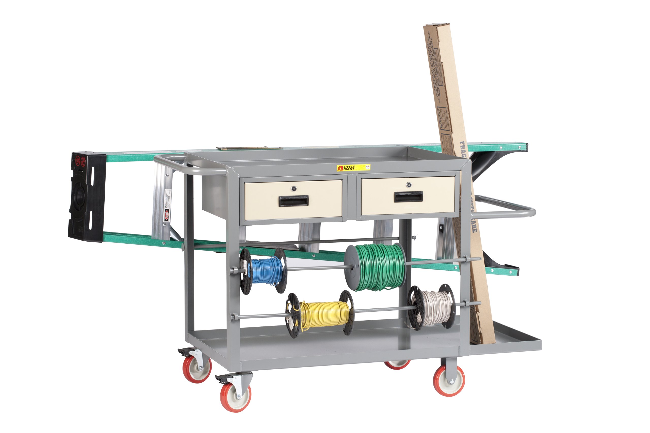 Little Giant RC2448-5PYTL2DR Electrician's Bulk Handling Wire Reel Cart with Five Spool Holder Rods and Locking Storage Drawers, 54" Length, Gray Finish