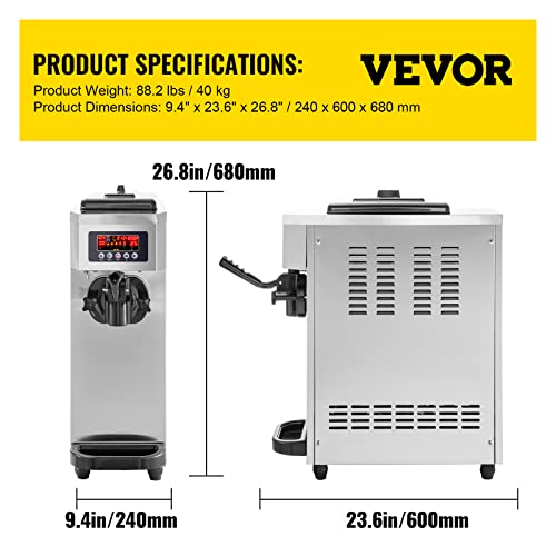 VEVOR Commercial Ice Cream Machine, 4.7-5.3Gal/H Soft Serve Machine, Single Flavor Ice Cream Maker, 1500W Countertop Soft Serve Ice Cream Machine with 1.6Gal Tank, LCD Panel, 6 Magic Heads