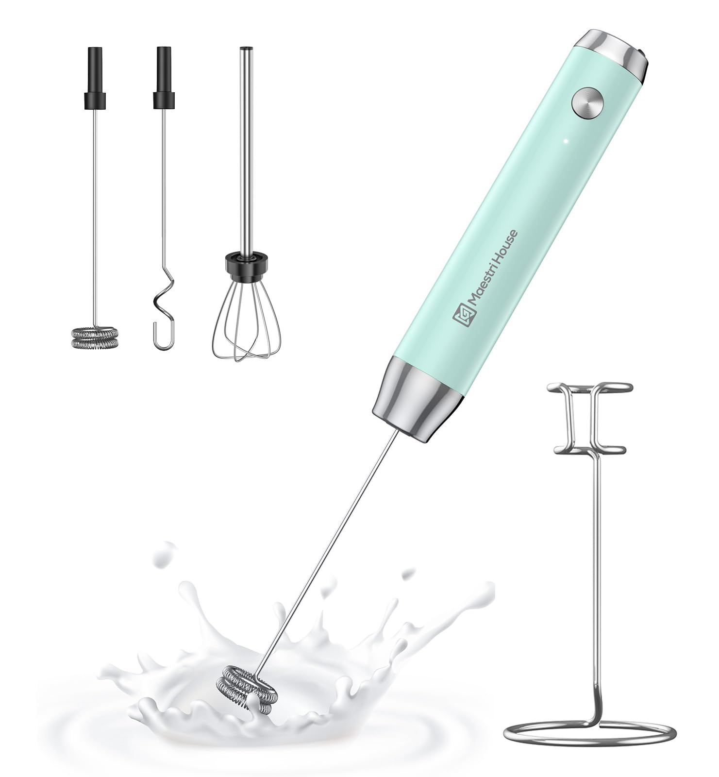 Maestri House Rechargeable Milk Frother with 3 Heads, Handheld Electric Foam Maker Waterproof Detachable Stainless Steel Whisk Drink Mixer Foamer with Stand for Lattes, Cappuccino, Egg