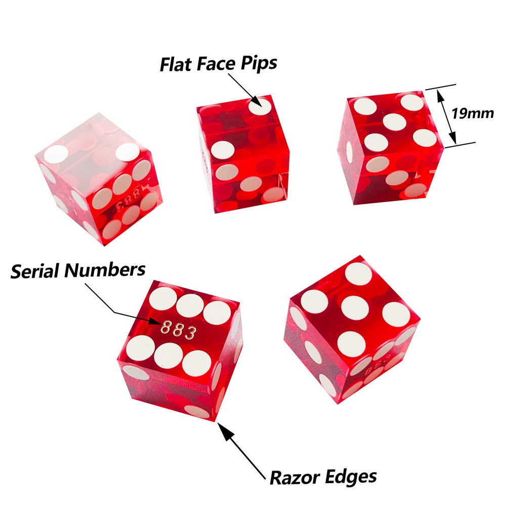 Yuanhe Set of 5 Grade AAA Precision 19mm Serialized Casino dice with Razor Edges and Corners - red β¦