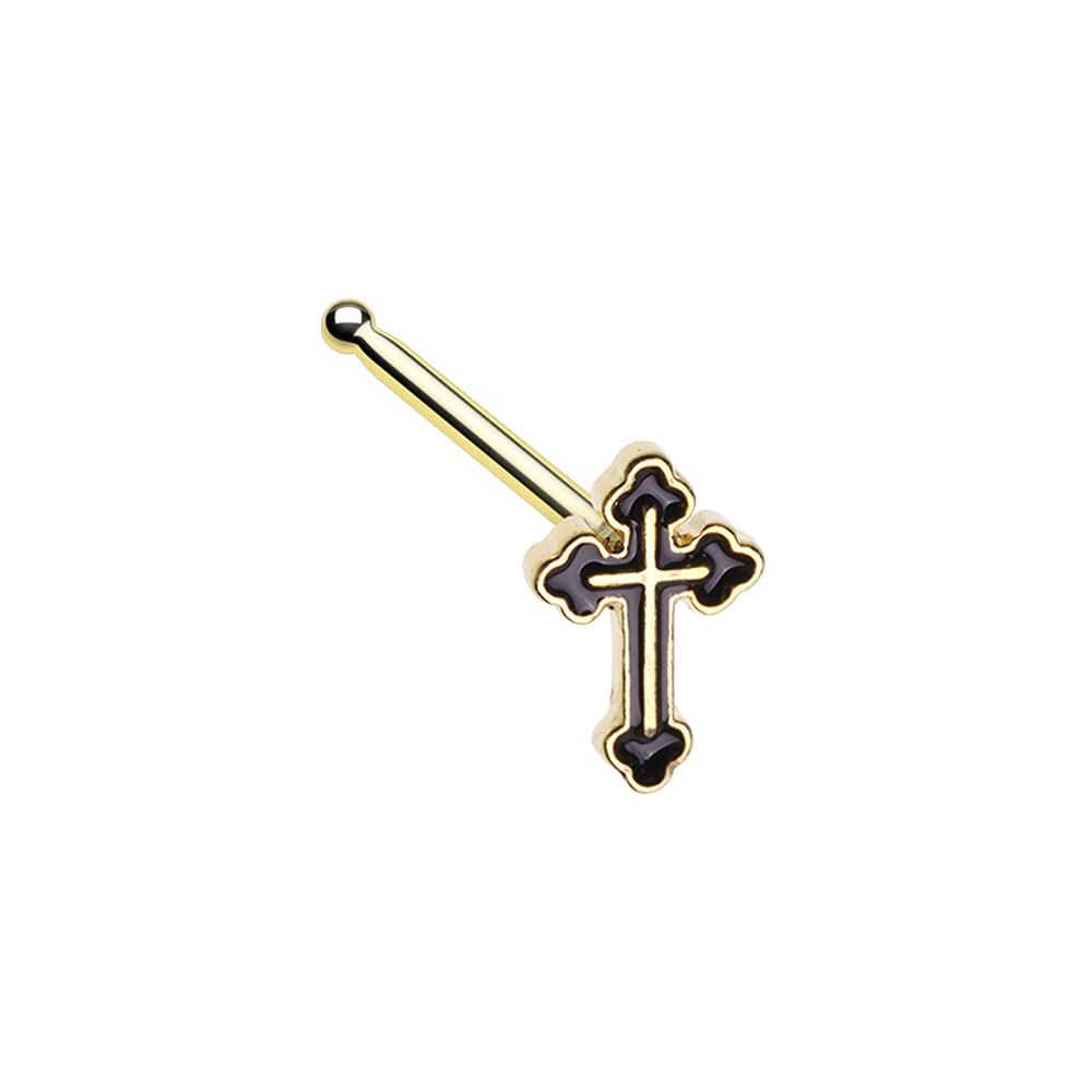 Pierced Owl 20GA Stainless Steel Black Gothic Cross Dainty Nose Bone Stud (Gold Tone)