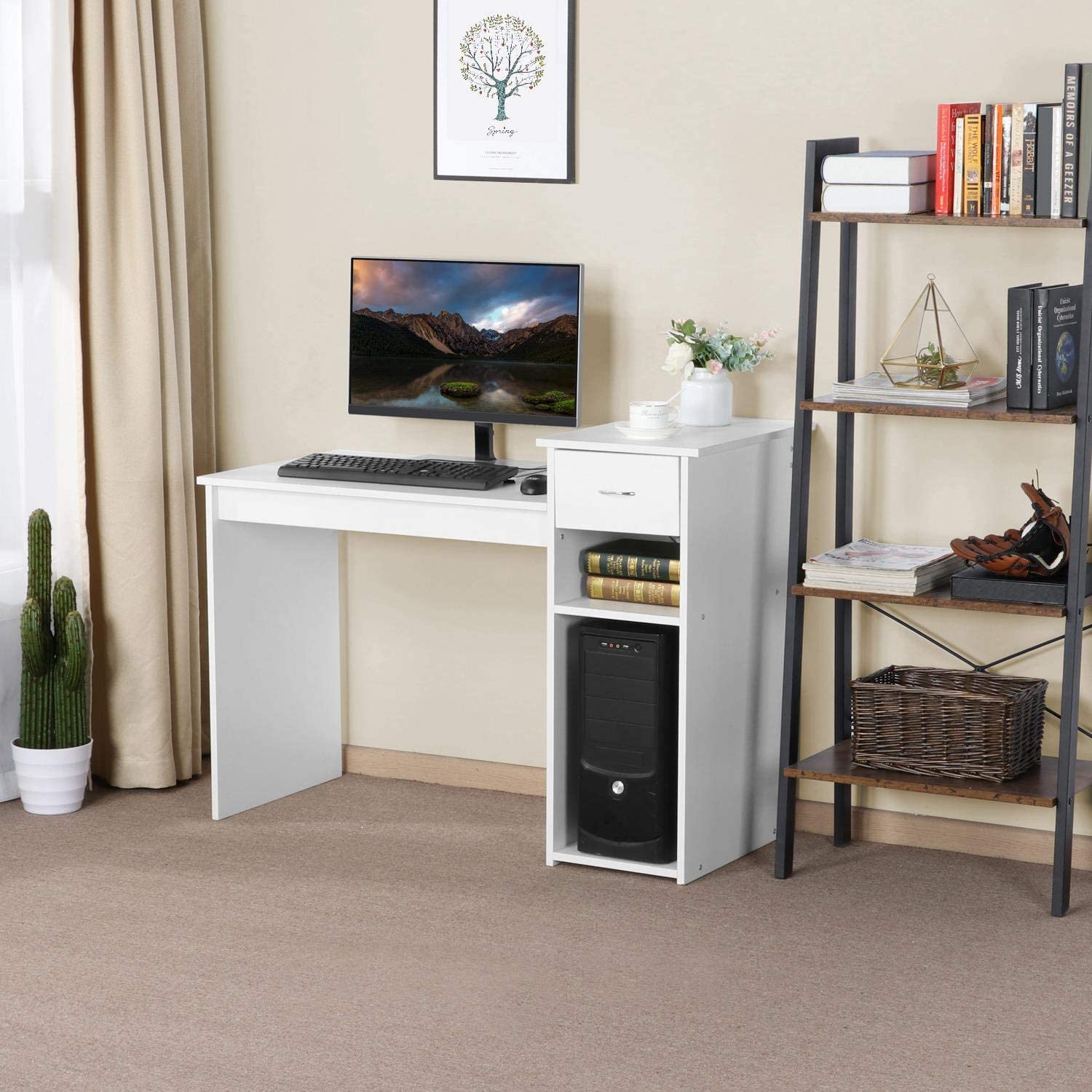 Yaheetech Home Office Computer Desk with Storage Drawer & Monitor Shelf, Writing PC Laptop Table Desk Study Workstation Furniture for Small Spaces, White