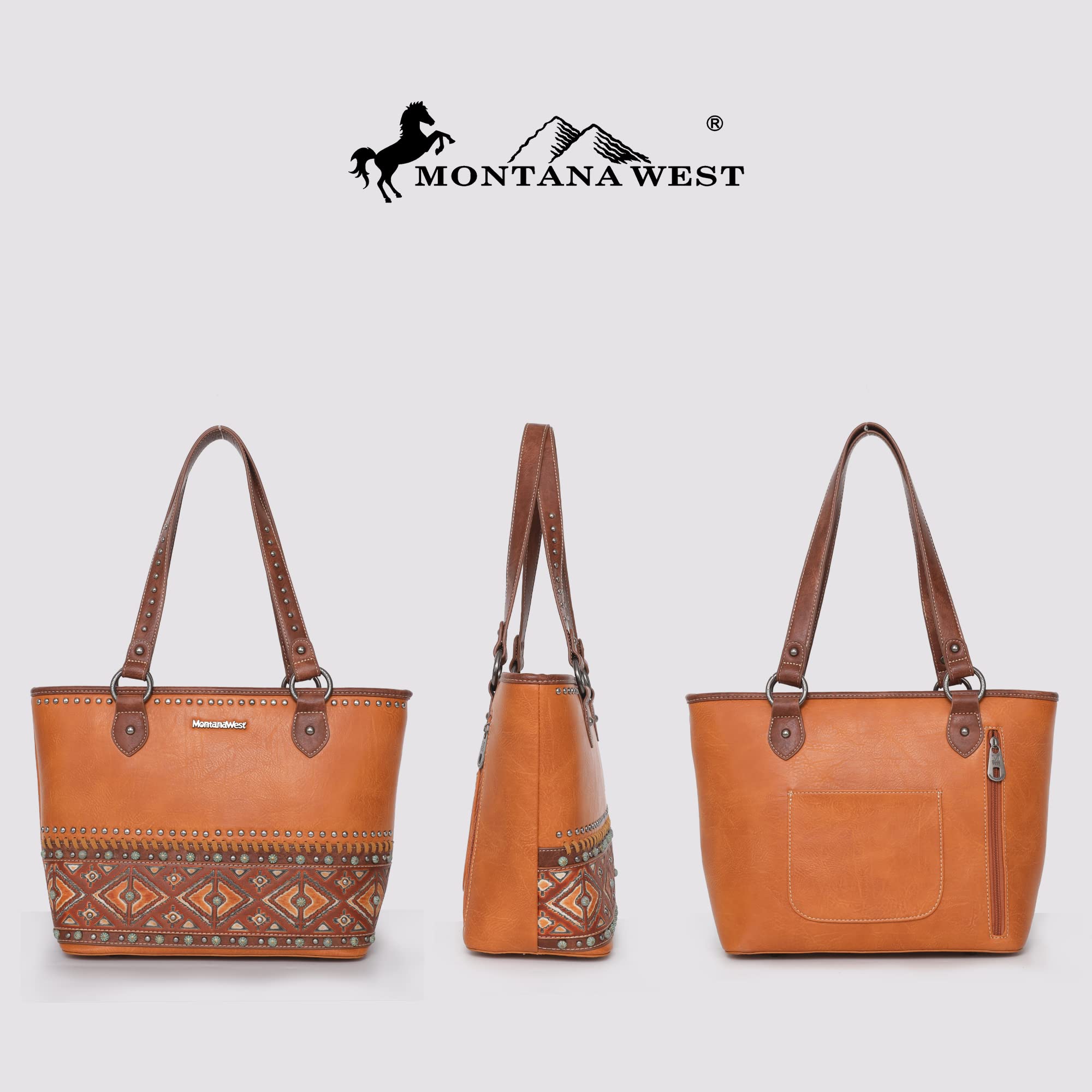 Montana West Western Tote Bag for Women Big Purses Shoulder Handbag Leather Purses with Wallet Aztec Tooled Collection MW1066G-8317BR+W