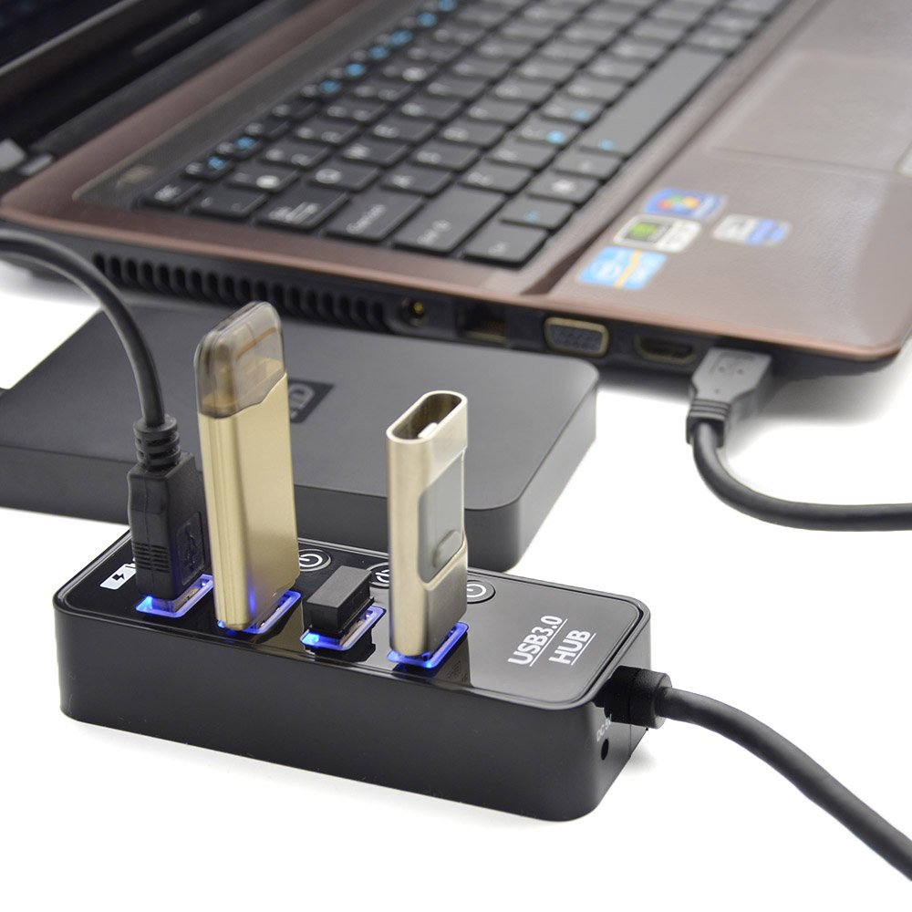 USB Hub 3.0 Powered, LYFNLOVE USB Extender 4-Port Data USB Hub with Power Adapter and 1 Smart Charging Port, USB Splitter with On/Off Switches for MacBook, Mac Pro/Mini, iMac, Surface Pro Laptop/PC