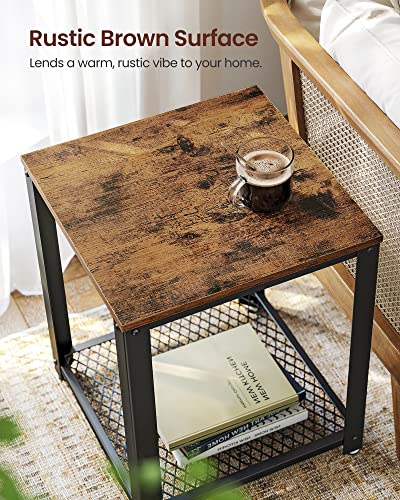 VASAGLE Side Table, 2-Tier Nightstand, End Table with Mesh Shelf, Steel Frame, Adjustable Feet, for Living Room, Bedroom, Industrial Style, Rustic Brown and Black ULET41X